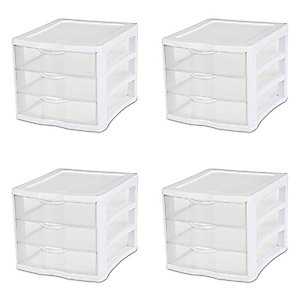 Sterilite 17918004 3 Drawer Unit, White Frame with Clear Drawers, Pack of 4