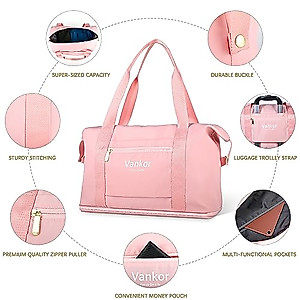 Travel Duffle Bag, Sports Tote Gym Bag, Weekender Bag, Expandable Waterproof Carry on Bag with Trolley Sleeve Wet Pocket Overnight Bags for Women - Pink