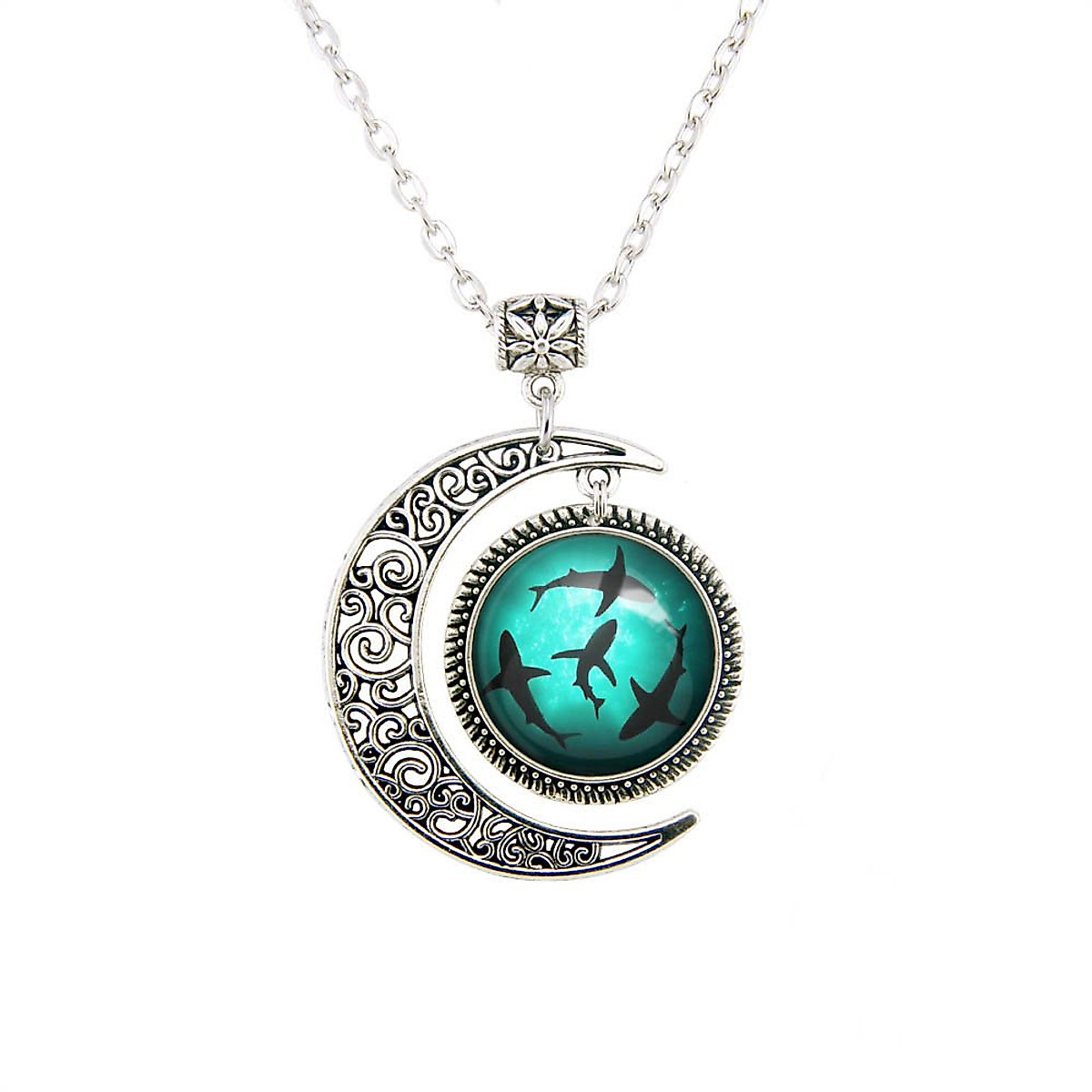 LERYDESI Sharks necklace Circling Sharks moon pendant Blue Ocean jewelry for women man best friend gift Chain length 22 inches
