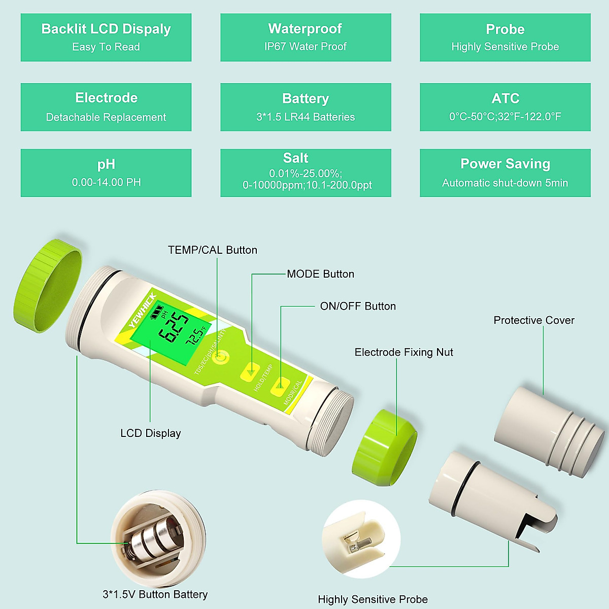 Yewhick Pool Salt Tester pH Meter, Digital 5 in 1 pH EC TDS Temp Salinity Tester for Saltwater Pool Hot Tubs Spa Aquarium, pH and EC PPM Meter for Nutrients Growing