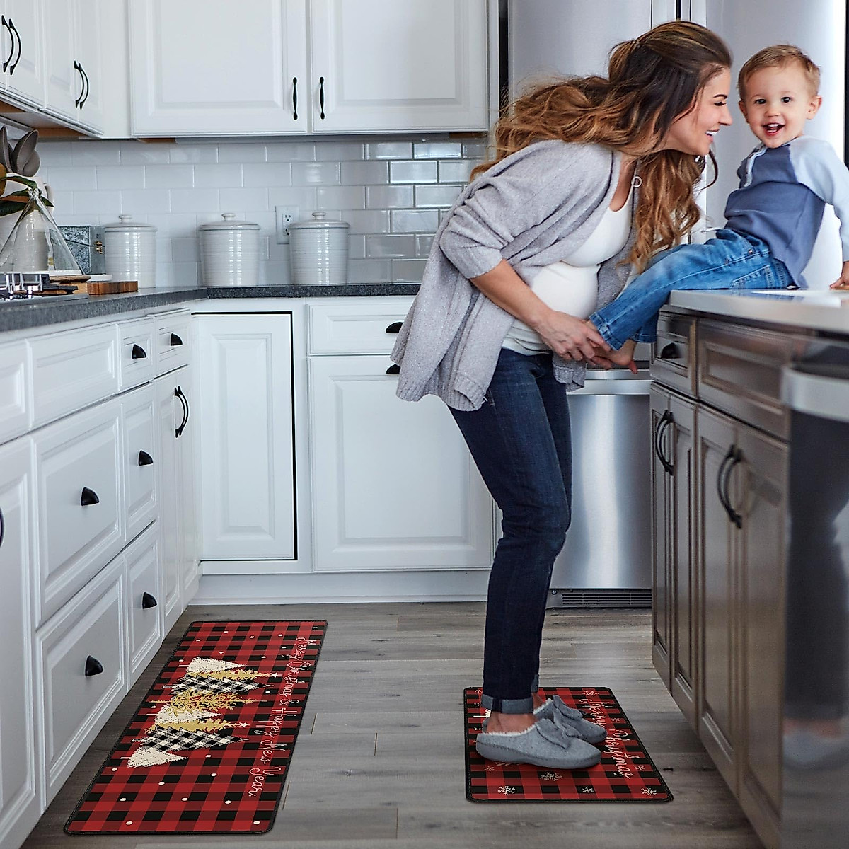 Bencailor 2 Pcs Christmas Kitchen Rugs and Mats Set of 2 Red Black Buffalo Plaid Merry Christmas Xmas Trees Floor Mat Non Slip Checkered Doormat Home Holiday Kitchen Decor, 17 x 30 Inch, 17 x 47 Inch