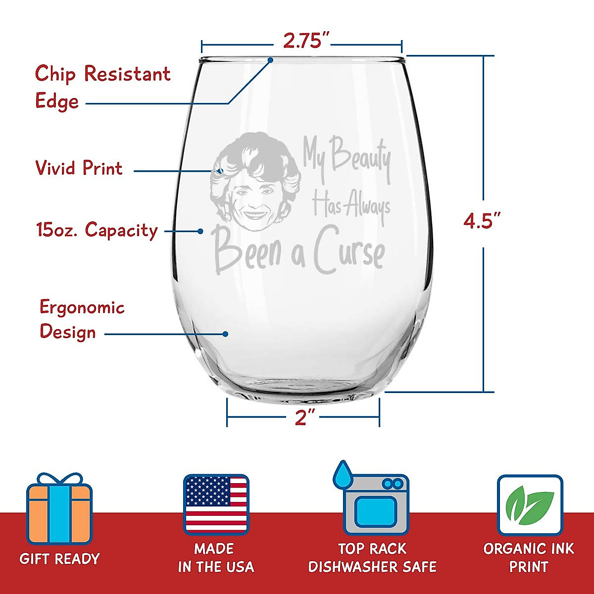 DU VINO Golden Girls Inspired Stemless Wine Glass Set of 4 (15 oz)- USA MADE-Funny Novelty Glasses for Party, Event, Girls Night-Gift For Mom, Women Best Friend- Fun Drinking for Bachelorette Parties
