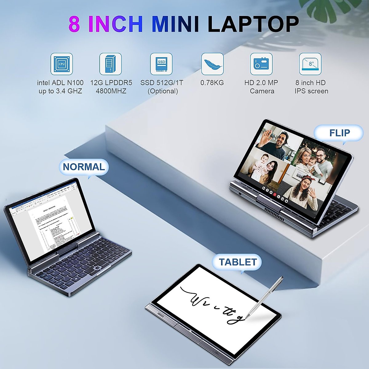 KOOSMILE Mini Laptop,8 inch HD Touch Screen Mini Computer Windows 11 Pro,Intel N100 4 Cores 2-in-1 Pocket PC 12GB LPDDR5 RAM 512GB M.2 SSD, Gigabit | Wi-Fi 6 | BT5.2 | 2MP Camera | G-Sensor | HDMI
