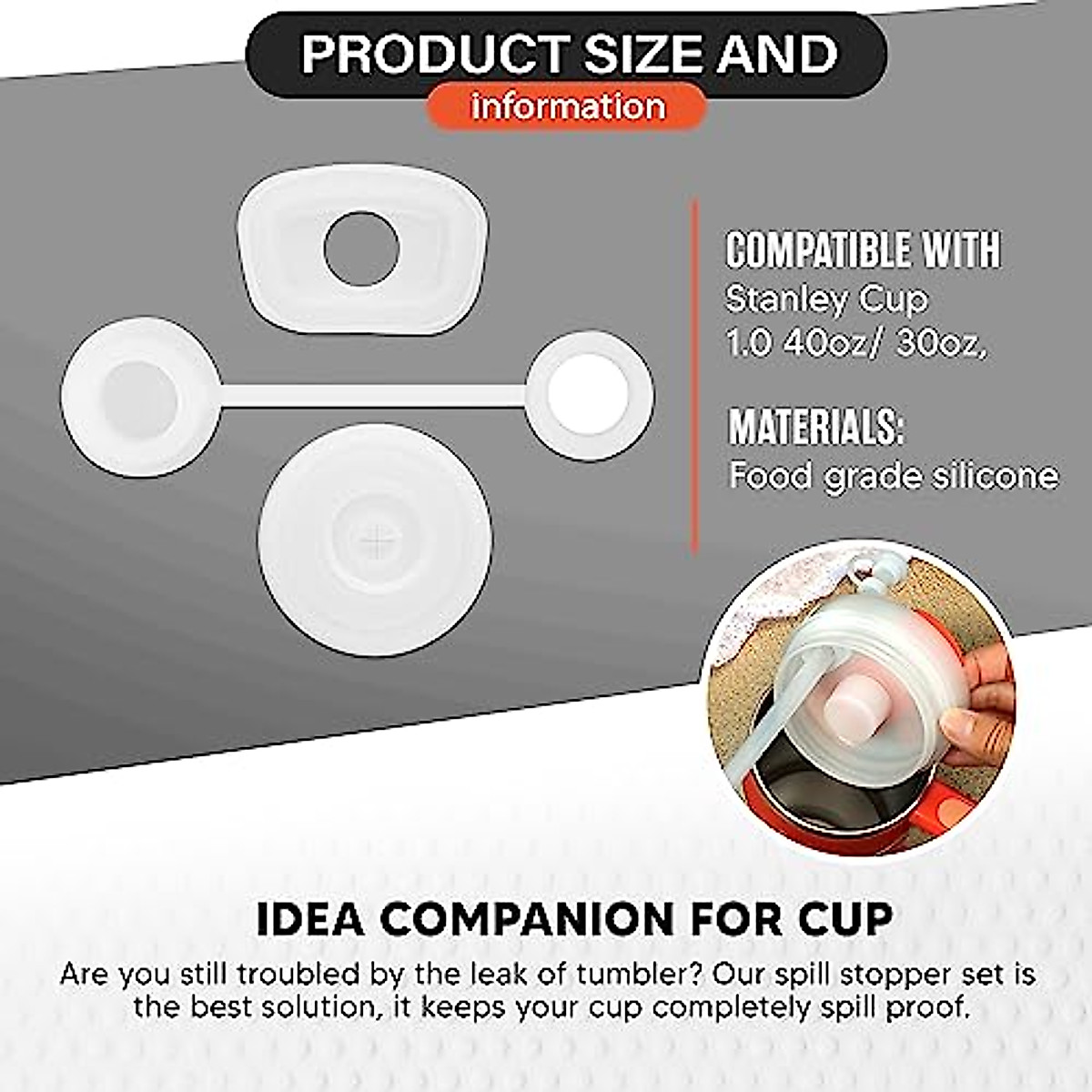 Silicone Spill Proof Stopper (Set of 3) Compatible with Stanley Cup Quencher H2.0 40oz/ 30oz Travel Tumbler Accessories, Including 2 Straw Cover Cap, 2 Square Spill Stopper and 2 Round Leak Stopper