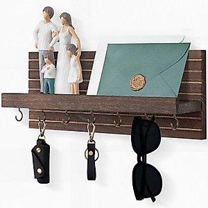 Lwenki Key Holder Wall Mount, Entryway Mail Organizer with Shelf, Decorative Key Hanger with 7 Hooks Holds Leashes and Glasses, Includes Mounting Hardware (13.8” x 5.3” x 3.2”)