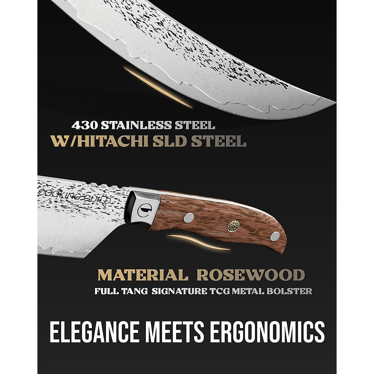 The Cooking Guild Slicer Knife - 12 Inches - Grizzly Series - San Mai Steel Japanese Slicing Knife with Hammered Finish - Rosewood Handle Meat Slicer - Rust-Resistant