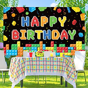 Panelee Building Block Birthday Banner Building Blocks Party Backdrop Building Blocks Birthday Party Decoration Happy Birthday Banner Photography Background for Kids Party Supplies, 72.8 x 43.3 Inch