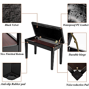 Bonnlo Wooden Double/Duet Piano Bench with Storage and Thick Cushion Faux Leather Padded Piano Stool Artist Duet Seat- Black
