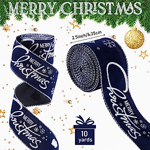 2 Rolls Christmas Wired Ribbon - Red, Green, Navy Blue, Merry Golden Silver for Gift Wrapping - Velvet Fabric for Xmas Home Decoration DIY Crafts, 2.5 Inch (Navy Blue, 10 Yards)