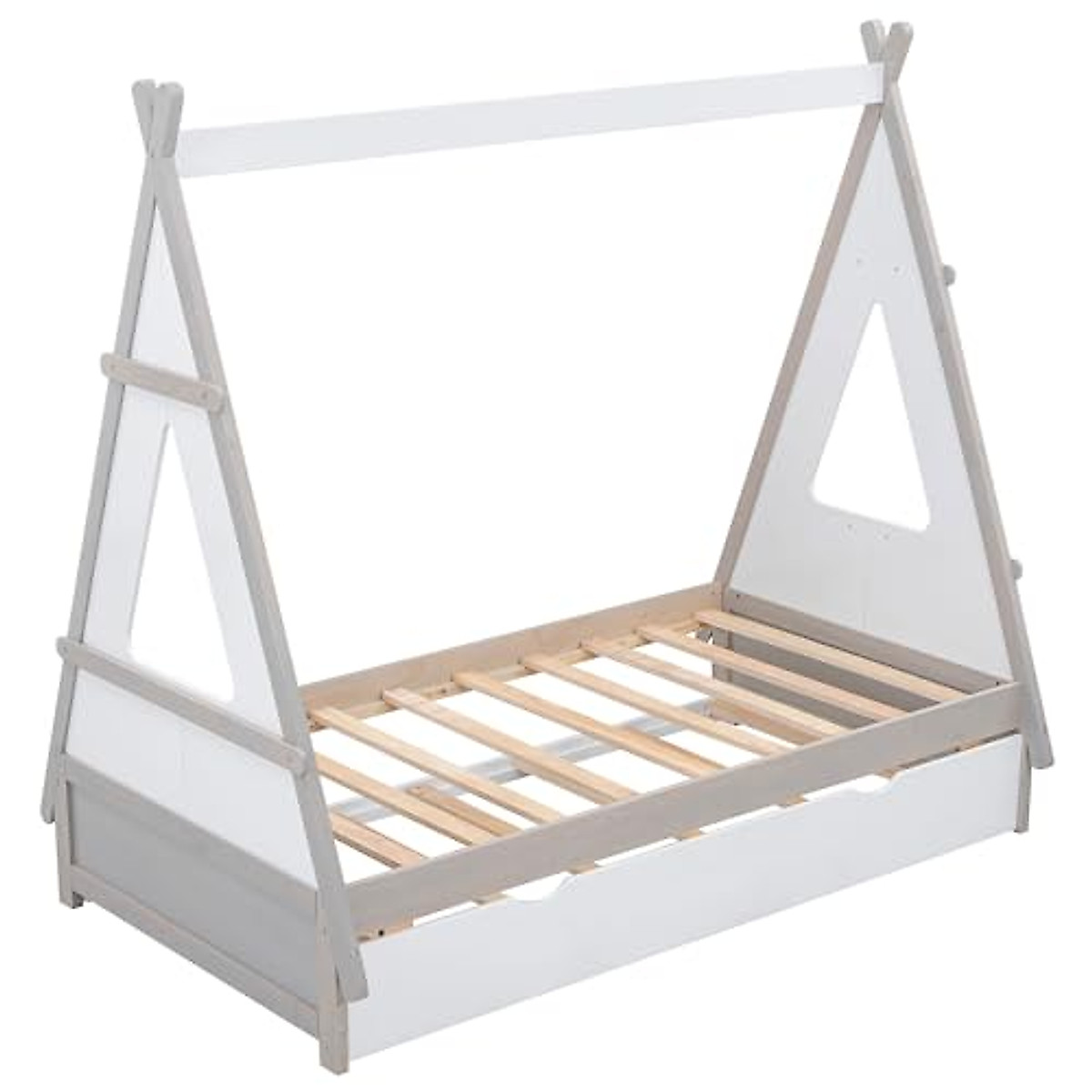 JIVOIT Wooden Tent Floor Bed with Pull-Out Twin Size Trundle, Twin Size Floor Bed House Bed with X-Shaped Safety Railings, Montessori Bed Playhouse House Platform Bed for Kids Boys Girls