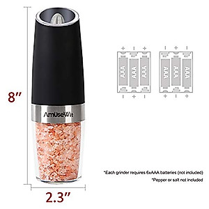 Electric Gravity Salt and Pepper Mill Set of 2【White Light】- Battery Operated Automatic Salt and Pepper Mills with Light,Adjustable Coarseness,One Handed Operation,Cleaning Brush,Black by AmuseWit