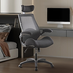 BOLISS Office Chair,with Thicken Seat Cushion Waist Support Adjustable Headrest Flipped Arms Erogonomic Office Desk Chair,Suilt for Home and Office-Gry