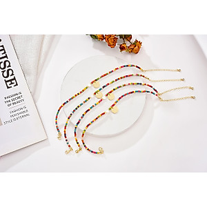 Wremily Initial Anklets for Women Handmade Beaded Ankle Bracelets 14K Gold Letter Initial Heart Anklet Boho Colorful Beads Ankle Bracelets Summer Beach Foot Jewelry Gift