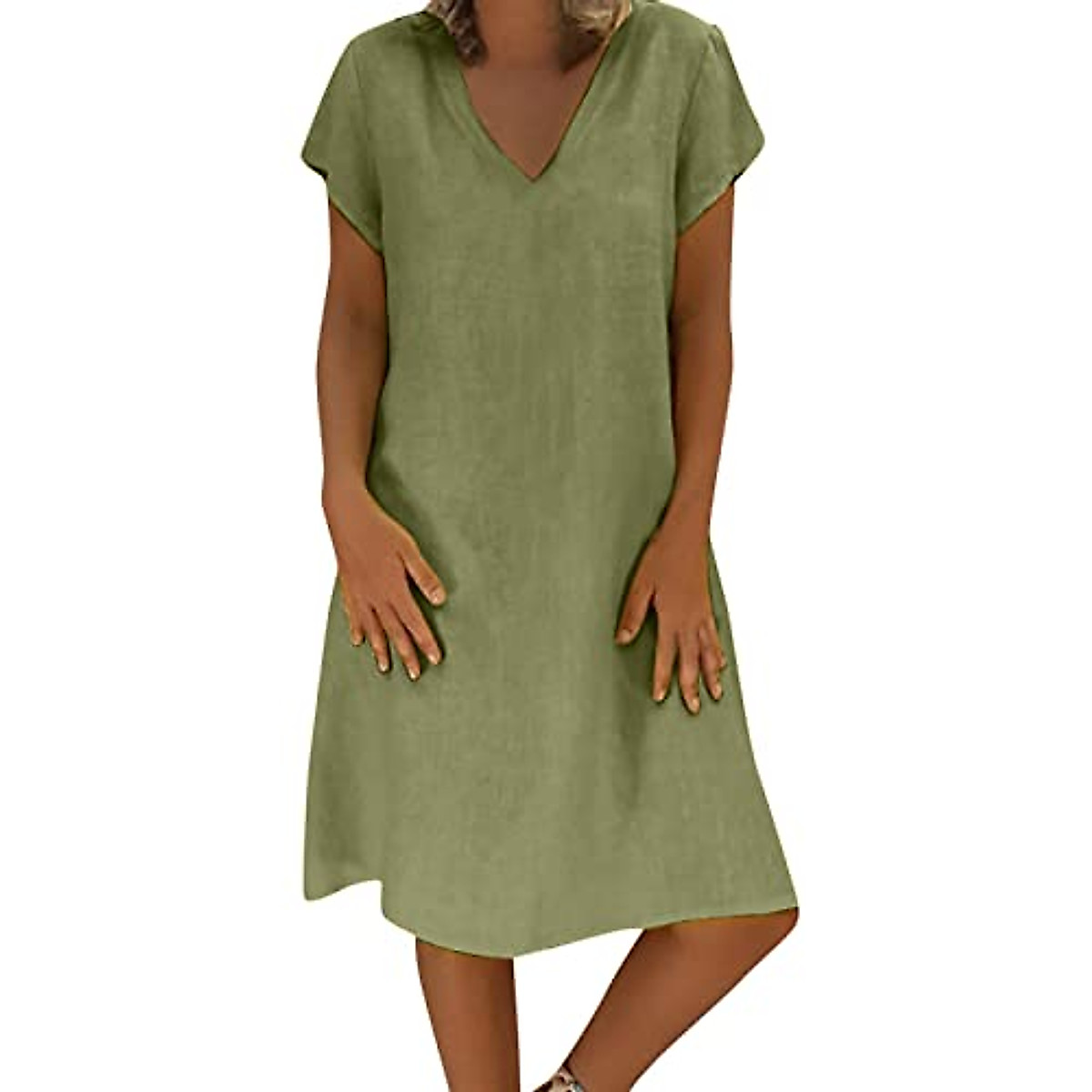 Ceboyel Summer Dresses for Girls Women Cotton Linen Short Dress Summer Shirt Dress V Neck Short Sleeve Beach Dresses Boho Ladies Clothing 2023 Green 2X
