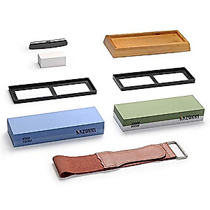 Razorri Knife Sharpening Stone Kit, Double-Sided 400/1000 and 3000/8000 Grit Whetstones, Flattening Stone, Leather Strop, and Angle Guide Included, Sharpen and Polish Any Metal Blade (Flat Base)