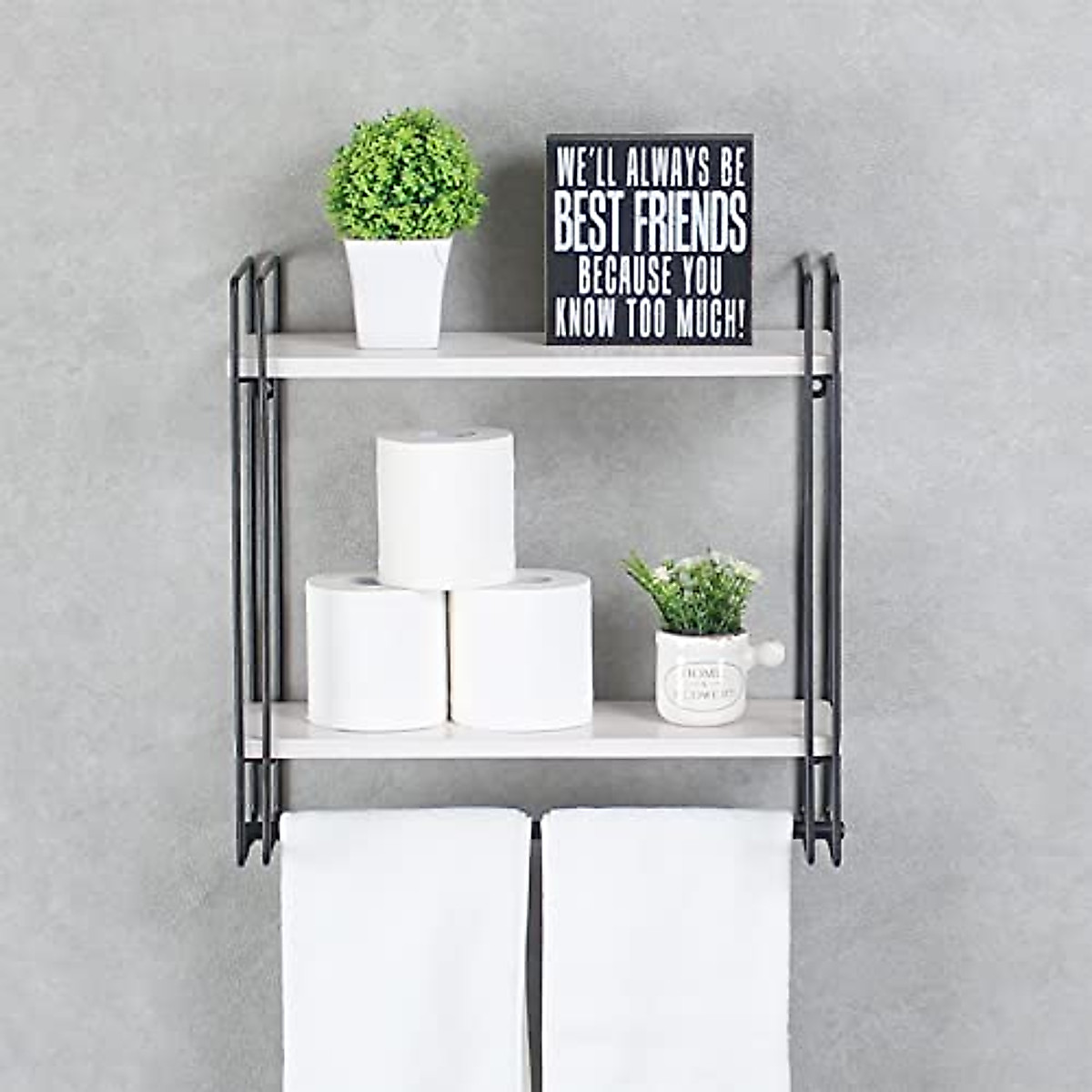 Industrial Pipe Shelving,Iron Shelves Industrial Bathroom Shelves with Towel bar,16.9in Rustic Metal Pipe Floating Shelves Pipe Wall Shelf,2 Tier Industrial Shelf Wall Mounted,Retro White