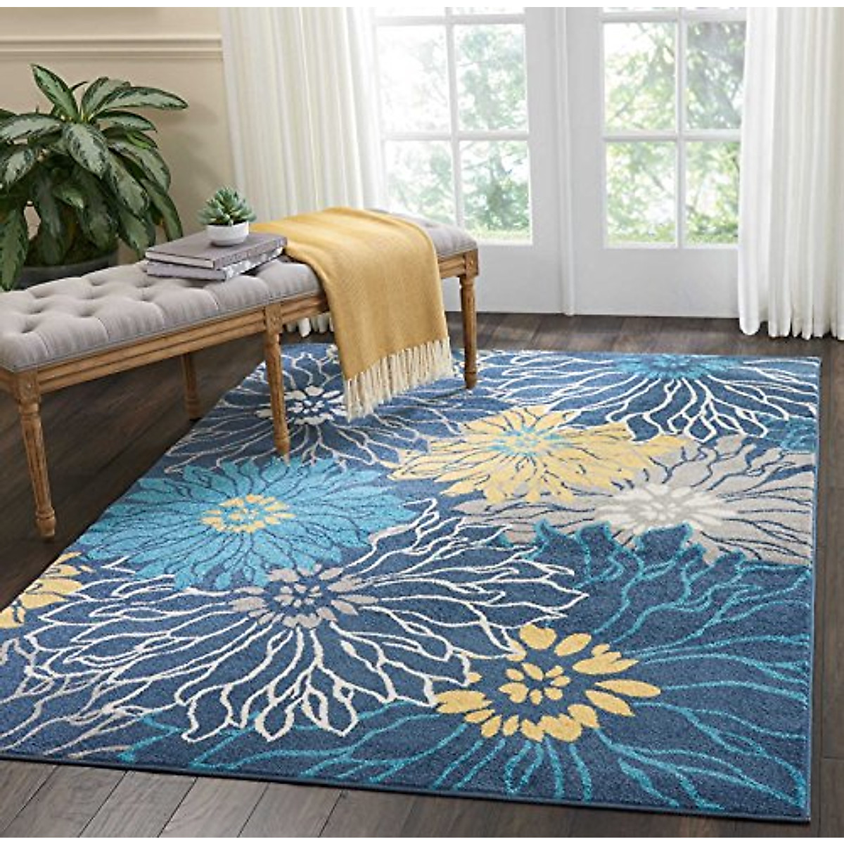 Nourison Passion Blue 5'3" x 7'3" Area-Rug, Floral, Farmhouse, Easy-Cleaning, Non Shedding, Bed Room, Living Room, Dining Room, Kitchen, (5' x 7')