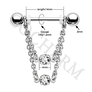 COCHARM 2pcs Stainless Steel Nipple Rings 14g Nipple Barbell Dangling Chain CZ Nipple Piercing Jewelry for Women
