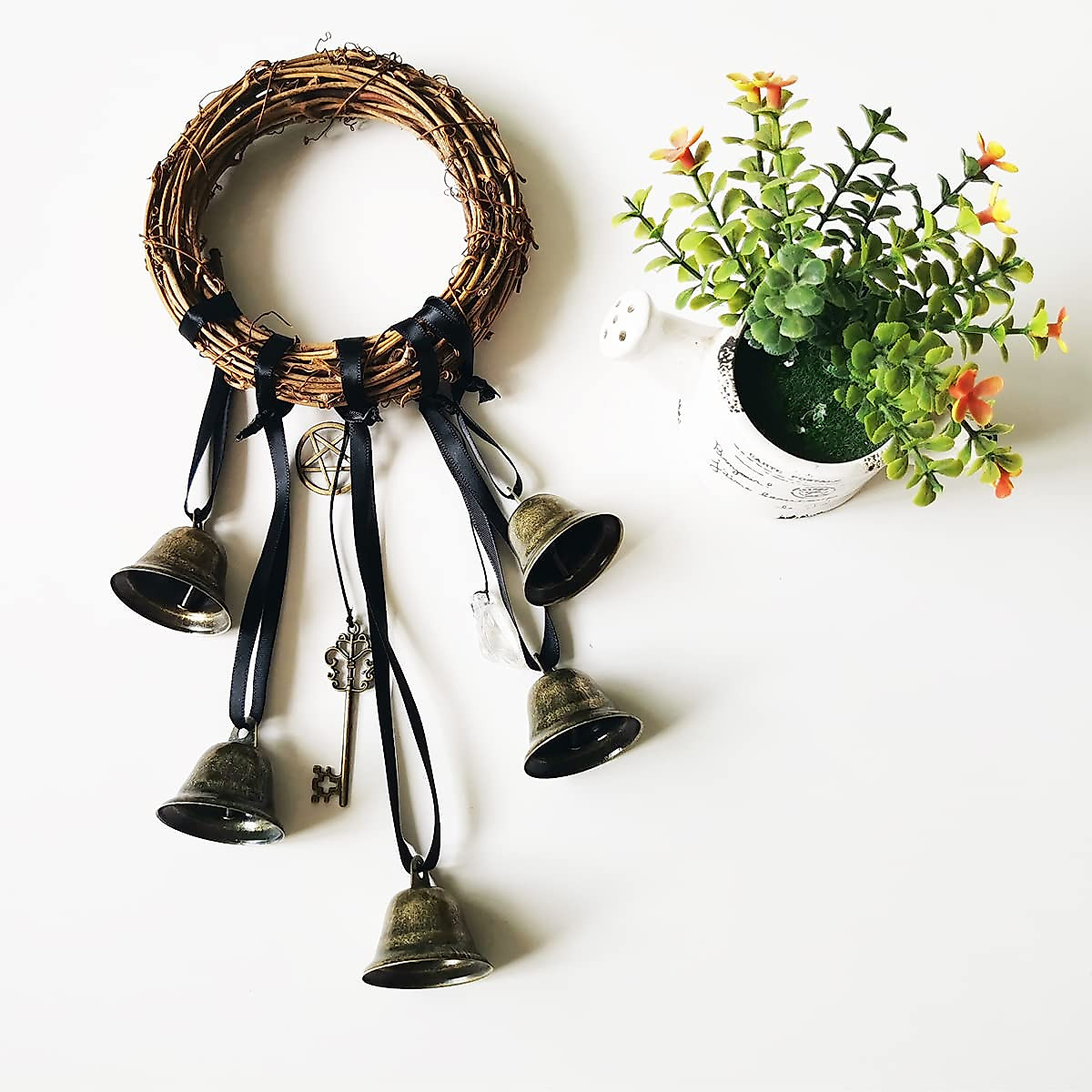 Witch Bells for Door Knob Protection, Witch Bell Garland Witchcraft Supplies, Sorceress Herb Bell Wreath, Magic Wicca Charm Wind Chimes Gift for Home Garden Courtyard Decor & Protection(Ribbon)