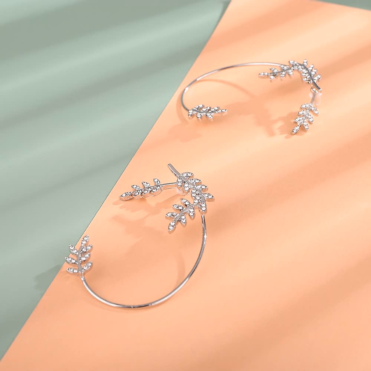 Jumwrit Rhinestone Ear Cuffs Leaf Ear Jacket Climber Crawler Earrings Ear Wrap Earrings Cute Hypoallergenic Stud Earrings for Women Girls（Silver）