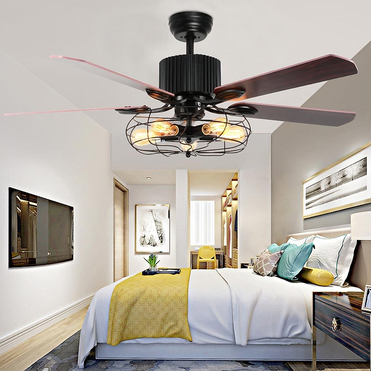 LuxureFan Vintage Industrial Ceiling Fan Light for Restaurant/Living Room with Create Iron Cage Cover Pull Chain/Remote and 5 Reversible Wood Leaves (48Inch)