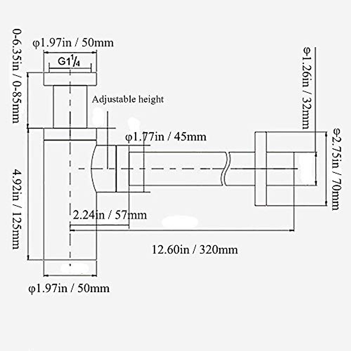 Bottle Trap Brass, Nicmondo 1 1/4 Round Bottle P-Trap Decorative Lavatory Basin Sink Waste Traps Drain Tube Kit Adjustable Height, Matt Black