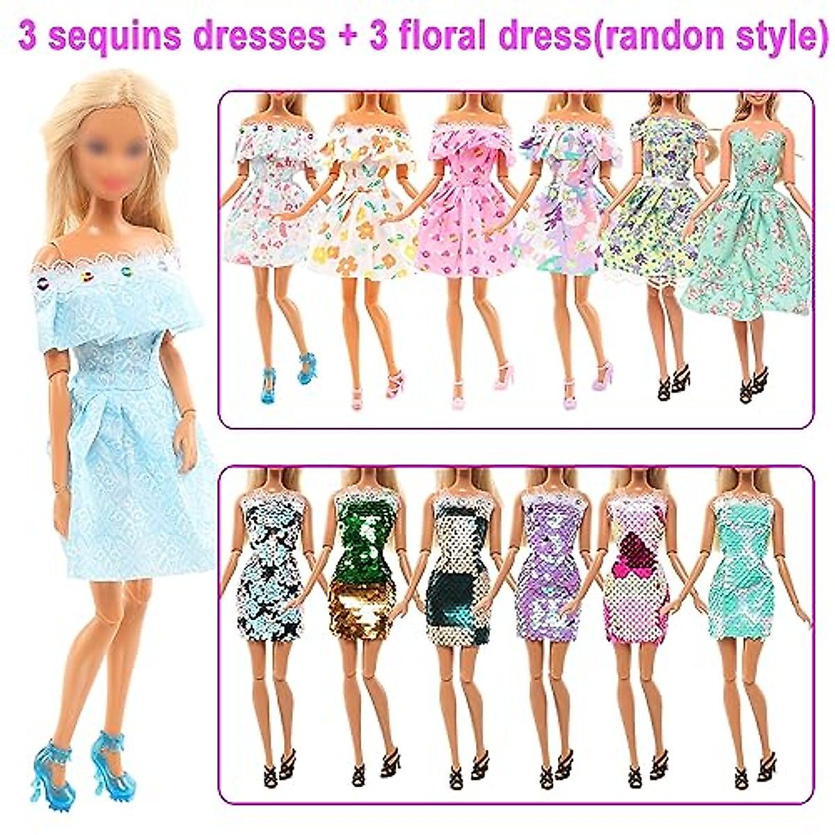 52 Pcs Fashion Doll Clothes and Accessories for 11.5 Inch Girl Doll Include 16 Pcs Mini Floral Sequin Dresses 36 Different Accessories Shoes, Handbags, Glasses, Necklace Accessories for Gril Doll