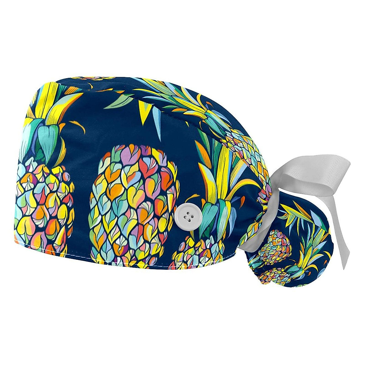 2 Packs Working Cap with Buttons Sweatband Adjustable Hats Printed Surgical Caps for Women, Colorful Pineapples Funny, Multicolor, 18cm/7.0 in