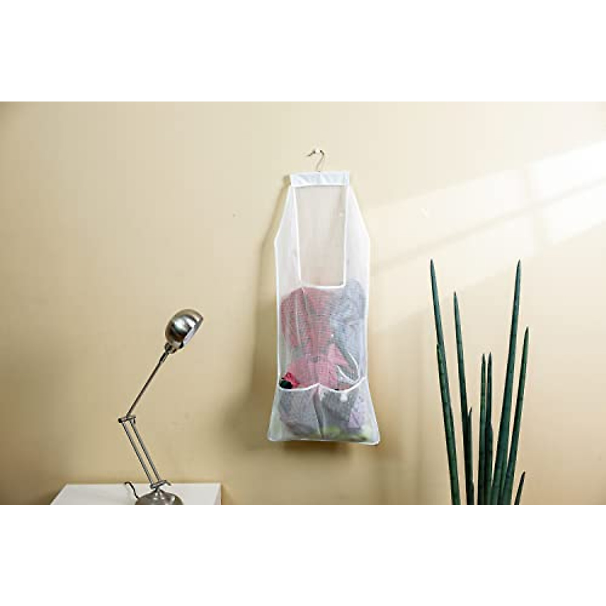 Qimodo Hanging Long Mesh Laundry Hamper,Narrow See-Through Mesh Laundry Basket with 2 Extra Front Pockets for Socks and Undwerwear (White)