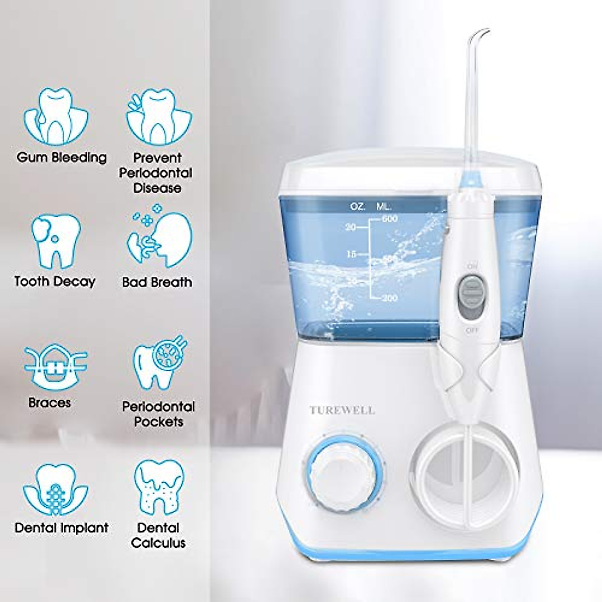 TUREWELL Water Flossing Oral Irrigator, 600ML Dental Water Teeth Cleaner 10 Adjustable Pressure, Electric Dental Oral Flosser for Teeth/Braces, 8 Water Jet Tips for Family (White)