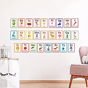 Alphabet Wall Decals Fruits Letter Wall Stickers Animals Alphabet ABC Kids Wall Stickers Peel and Stick Removable Wall Stickers for Kids Nursery Bedroom Living Room Décor