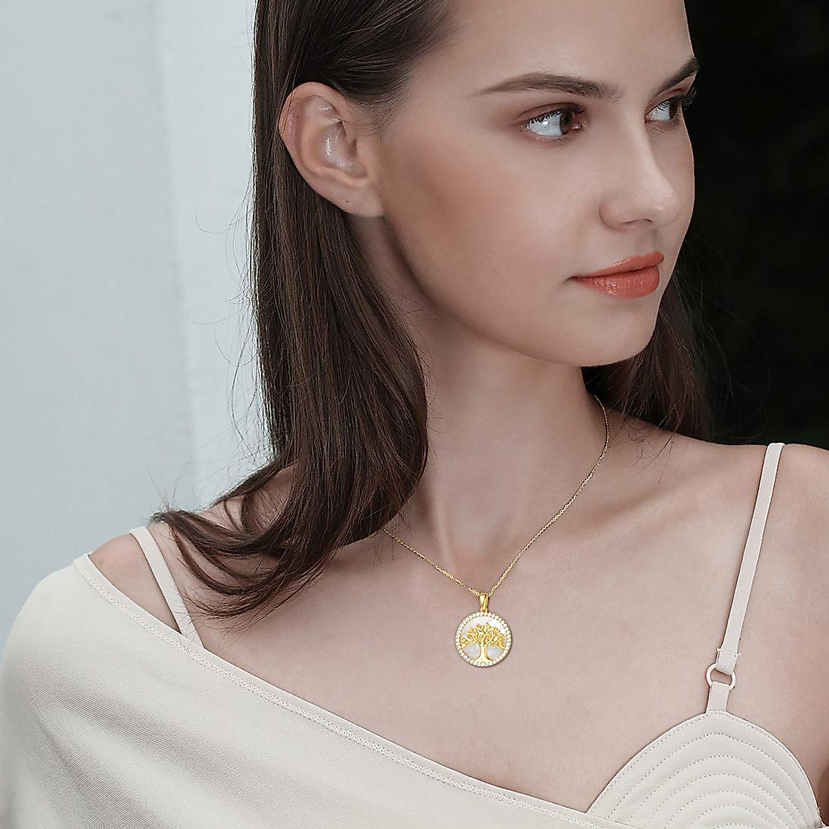 AGVANA Gold Tree of Life Necklace for Women Gold Plated Sterling Silver Genuine Mother of Pearl CZ Family Tree Jewelry Anniversary Birthday Gifts for Women Mom Wife Grandma Her