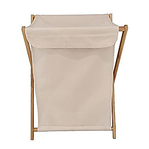 Bamboo Wood X-frame Laundry Hamper with Lid Collapsible Dirty Clothes Laundry Basket Foldable Storage for Household (Beige with Lid, Medium)