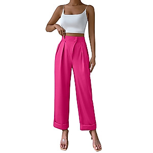 SweatyRocks Women's Elegant High Waist Roll Up Hem Pleated Wide Leg Pants with Pocket Hot Pink M