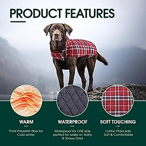 Kuoser Warm Dog Coat, Reversible Dog Jacket Waterproof Dog Winter Coat British Style Plaid Dog Clothes Pet Dog Cold Weather Coats Cozy Snow Jacket Vest for Small Medium Large Dogs Red L
