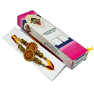 JAGMOR Set of 2 OM Rakhi Thread, Rakhi for Sister, Raksha Bandha Gift for Your Brother, Flower Om Pendant with Golden Beads and Rings Rakhi Thread