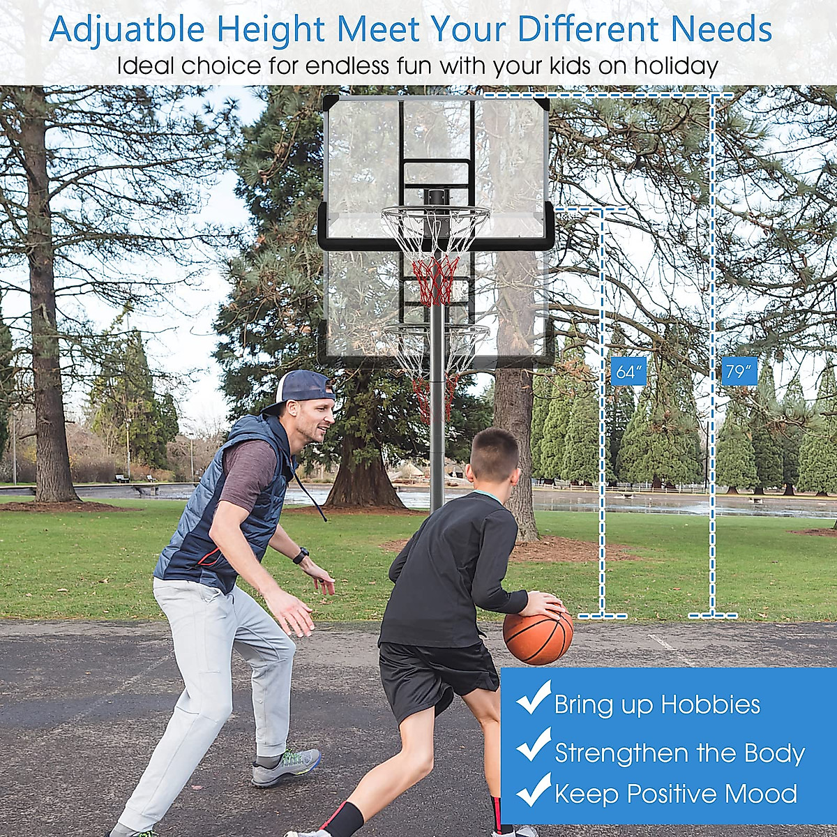 Goplus Portable Basketball Hoop Outdoor, 64’’-79’’ Poolside Basketball Goal Height Adjustable w/2 Wheels, Shatterproof Board, Fillable Base, Waterproof Basketball Stand for Kids Teenagers Youth