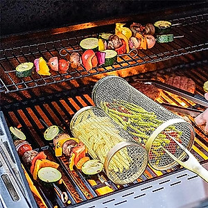 Rolling Grilling Basket-Grill Basket 2 PCS-BBQ Grill Basket, Stainless Steel Grill Mesh Barbeque Grill Accessories, Portable Grill Baskets for Outdoor Grill for Fish, Shrimp, Meat, Vegetables, Fries (3.54 x 3.54 x 11.8 inch)
