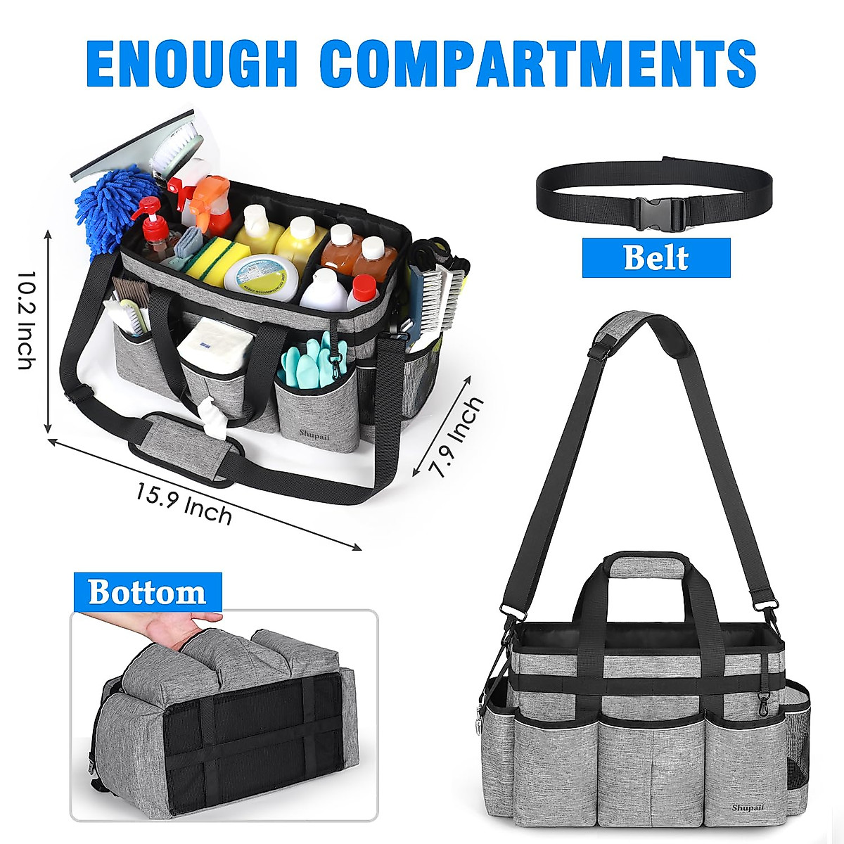 Large Wearable Cleaning Caddy Bag, Cleaning Caddy Supplies Organizer with Handles for Cleaners & Housekeeper, Under Sink & Car Cleaning Tool Organizers Bag with Adjustable Shoulder Strap&Waist Belt