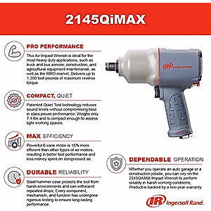 Ingersoll Rand 2145QiMAX 3/4” Drive Air Impact Wrench – Quiet Technology, 1,350 ft-lbs Powerful Reverse Torque Output, 7 Vane Motor, Steel Hammer Case, Gray