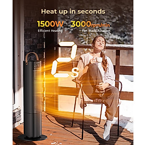 Space Heaters Indoor Use, 26" 12ft/s Electric Heater with Remote, 1500W Electric Heaters with 75°Oscillation, 1-12H Timer, PTC Electric Heater for Large Room, Bedroom Home Office, 2024 Upgraded
