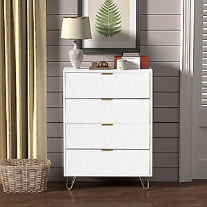 ERGOMORE 4 Drawer Dresser for Bedroom, Wooden Dressers & Chests of Drawers, Large Storage Drawer Cabinet, Modern Design Drawer Dresser for Bedroom, Hallway, Living Room, White