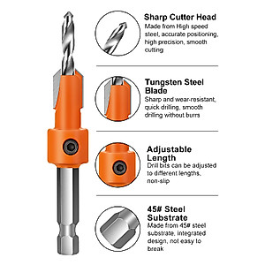 Lytool Countersink Drill Bit Set,5Pcs Counter Sink Drill Bit for Wood,1/4" Hex Shank Tapered Drill Bits for Woodworking and Carpentry,Quick Change and Allen Wrench for Woodworking,Pilot Screw Hole Set