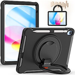 BATYUE Case for iPad (A16) 11th/10th Generation 10.9'' inch 2025/2022, Rugged Protective Shockproof Cover for Kids Girls with Screen Protector, 360° Rotating Stand, Pencil Holder, Black