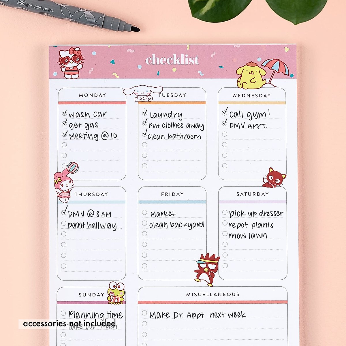 Hello Kitty Checklist Notepad - Stay On Top of Daily, Weekly and Assorted Tasks. Achieve Your Goals. Paper Is 80 lb. Text Weight. 1 Notepad, 25 Pages by Hello Kitty x Erin Condren.