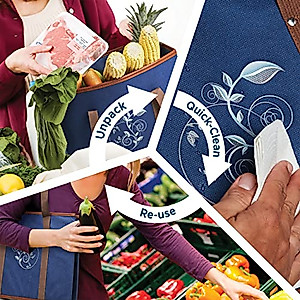 Liviable Reusable Grocery Shopping Bags, Foldable, Heavy Duty Tote, Box Bags with Long Handles and Solid Bottom, Large - Set of 3, Navy Blue