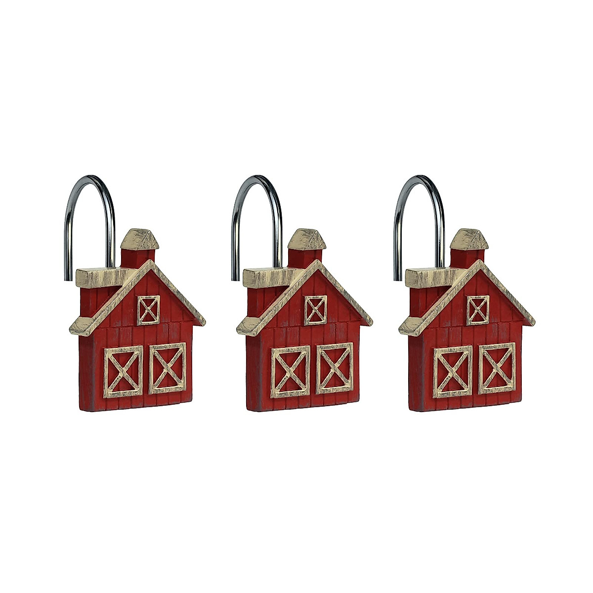Sunlit Farmhouse Barn Christmas Shower Curtain Hooks, Rustic Red House Decorative Shower Curtain Rings, Resin, Wooden Plank Rural Country Bathroom Decoration Shower Curtain Hooks-12 Pack