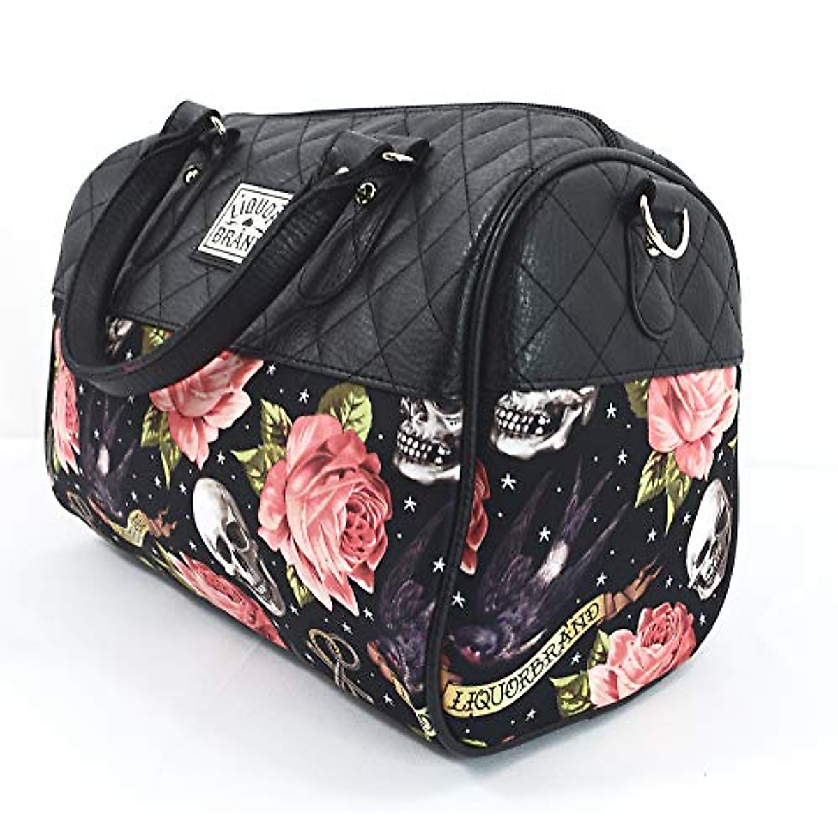 Liquorbrand Skulls & Pink Roses Satchel Purse Rockabilly Tattoed Lady Handbag Small Satchel Purse Crossbody bag