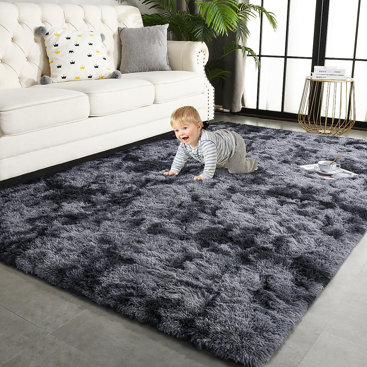 TWINNIS 4x6 Large Shag Area Rugs for Living Room Bedroom, Tie-Dye Dark Grey Indoor Super Soft Fuzzy Plush Rugs, Upgrade Anti-Skid Modern Rugs Fluffy Carpets for Kids Room Nursery Home Decor