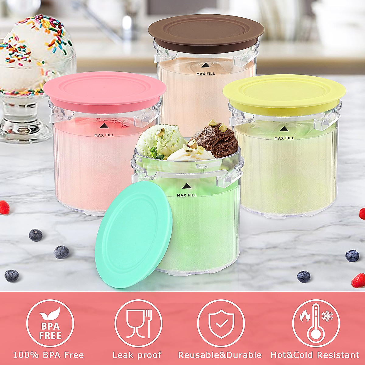 FOTRIC 16oz Ice Cream Containers Replacement for Ninja Creami Breeze Pints and Lids - 4 Pack, Compatible with NC100 NC200 NC201 CN205A Series, BPA-Free & Dishwasher Safe